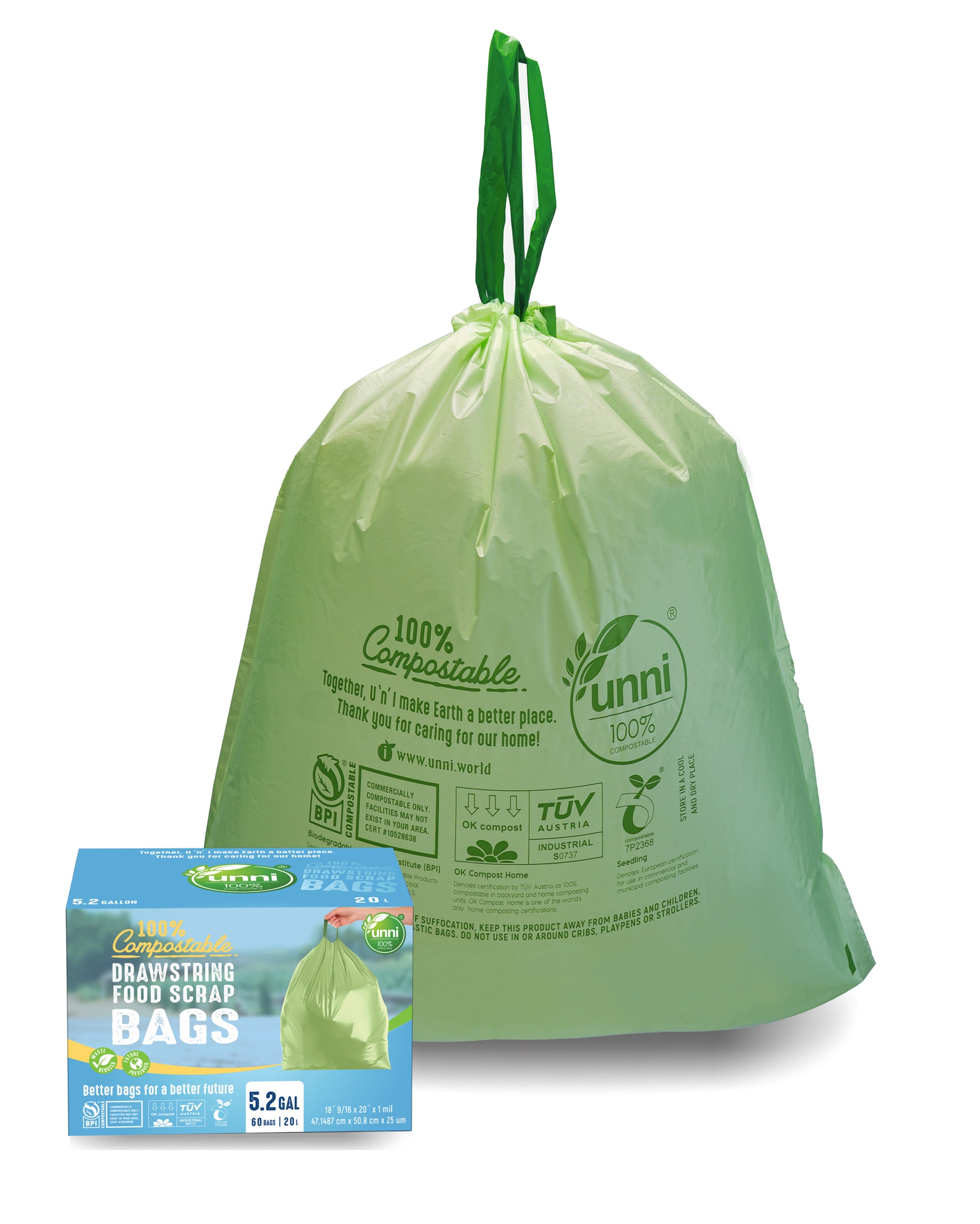 Compostable Drawstring Bags, 5.2 Gallon, 20 Liter